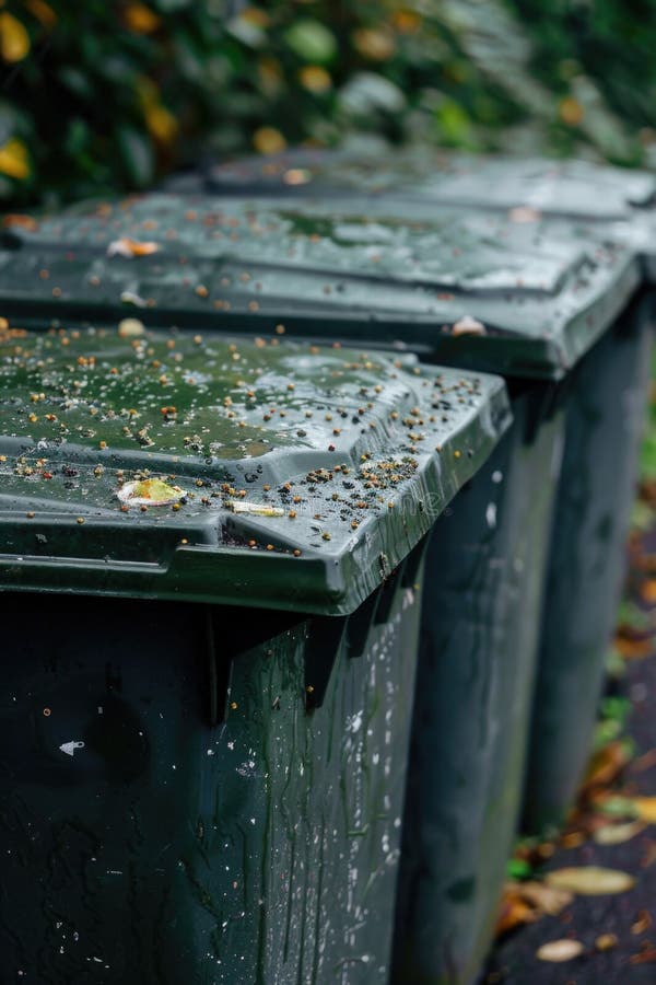 A Row of Trash Cans Along a Road, Ready for Collection Stock Photo ...