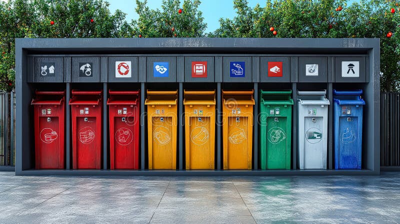 Row of Trash Cans with Different Colored Lids Stock Image - Image of ...