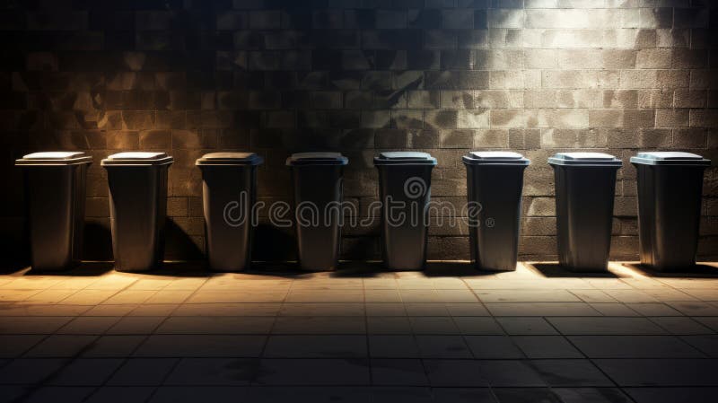 A Row of Trash Cans in Front of a Brick Wall Stock Photo - Image of ...
