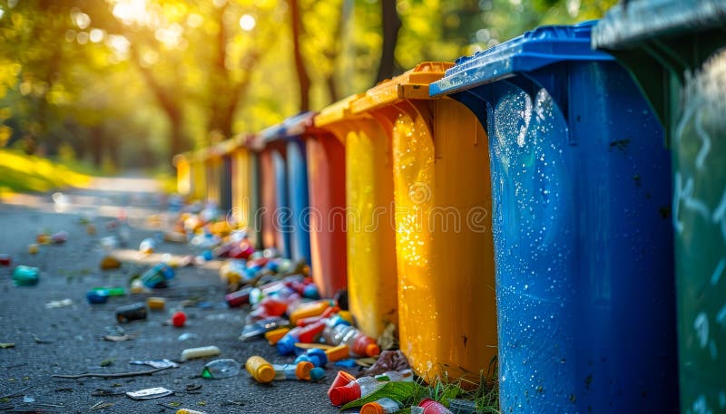 A Row of Trash Cans are Lined Up on the Ground Stock Image - Image of ...
