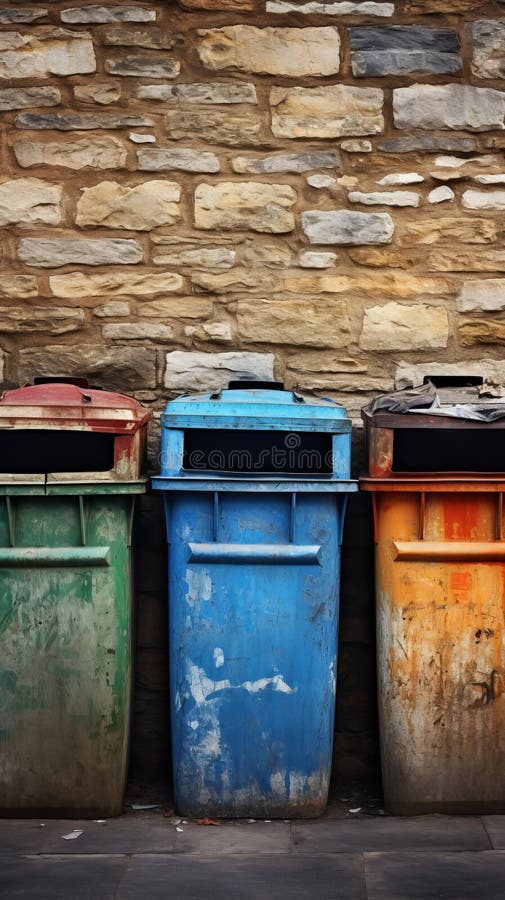 A Row of Trash Cans Next To a Stone Wall Stock Photo - Image of ...