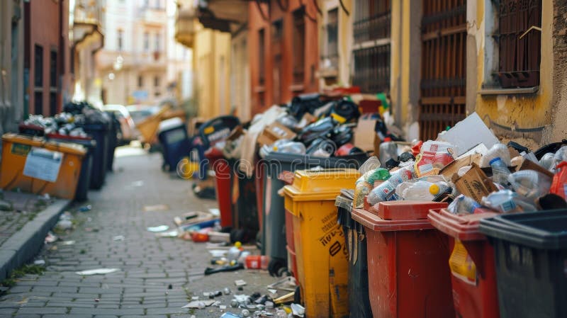 A Row of Trash Cans and Other Garbage on a City Street, AI Stock Photo ...