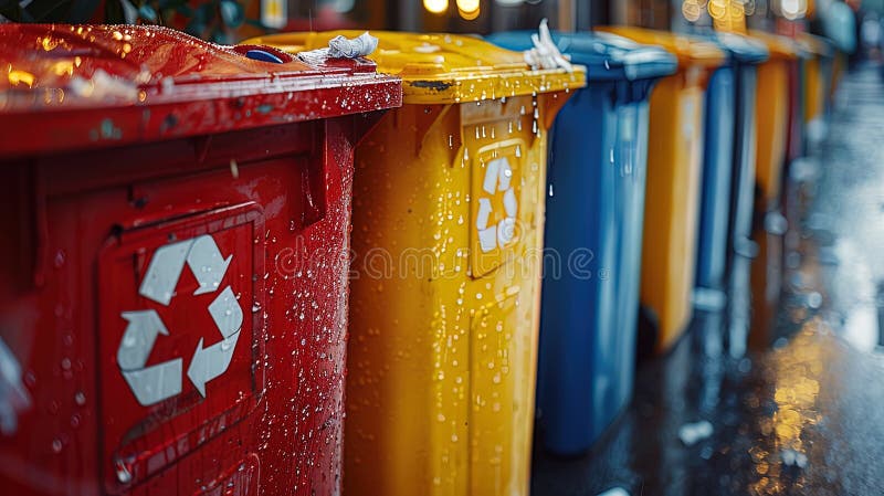 A Row of Trash Cans with the Word Recycle on Them Stock Photo - Image ...