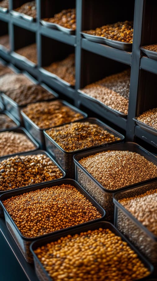 A Row of Trays Filled with Different Types and Sizes of Grains, AI ...