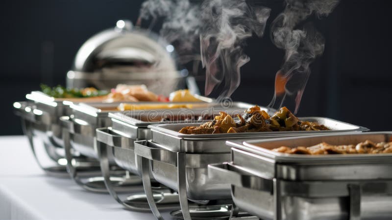 A Row of Trays Filled with Food Steaming on a Table, AI Stock Photo ...