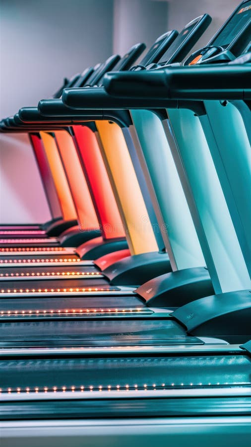 A Row of Treadmills with Different Colored Lights on Them, AI Stock ...