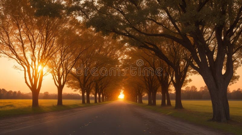 A Row of Trees Along a Country Road, Their Branches Aglow with Sunset ...