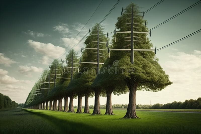 A Row of Trees in the Form of High-voltage, Created with Generative AI ...