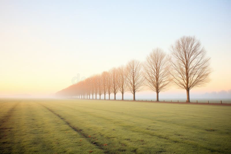 Row of Trees Lining the Foggy Field Edge at Sunrise Stock Image - Image ...