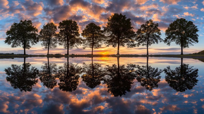 Row Trees Mirrored Lake Sunset Ai Generated Stock Photos - Free ...