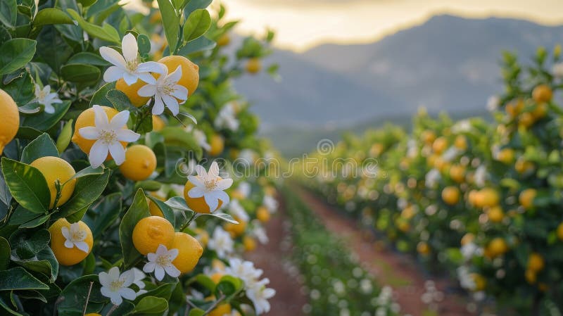 Row of Trees with White Flowers Stock Photo - Image of line, white ...