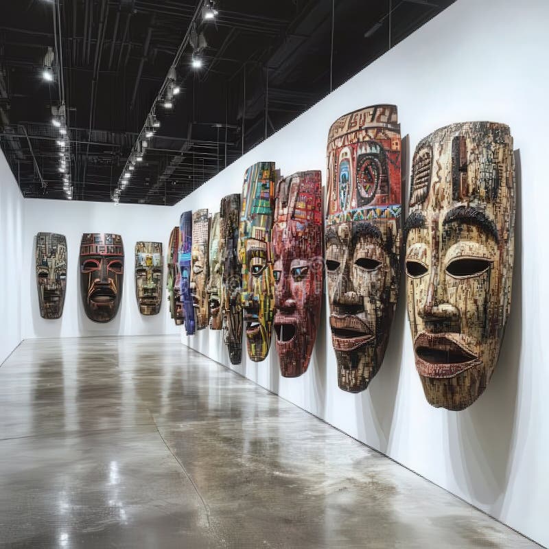Row of Tribal Masks in Art Exhibition Setting Stock Photo - Image of ...