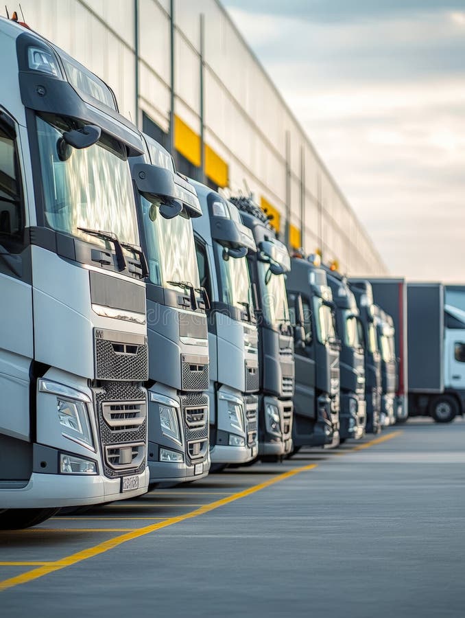 A Row of Trucks with Cargo Trailers is Parked in Front of a Modern ...