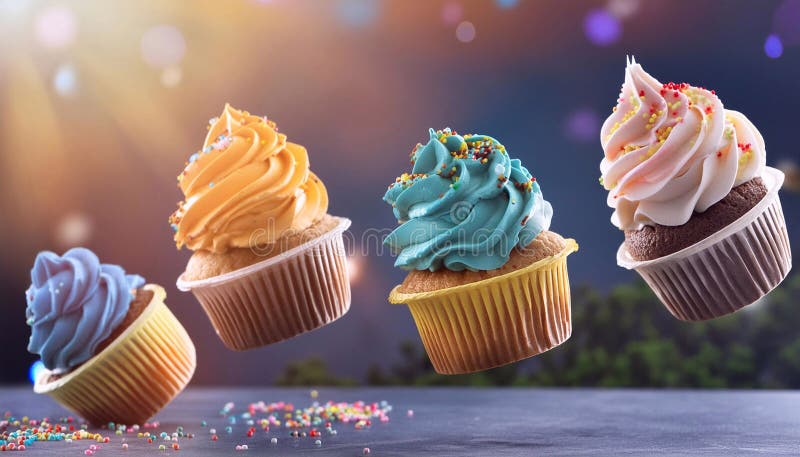 Row of Tumbling Colorful Rainbow Cupcakes with Falling Sugar Sprinkles ...