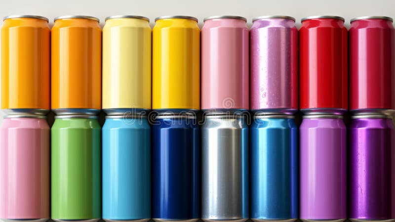 A Row of Twelve Cans in Different Colors Lined Up on a Table, AI Stock ...