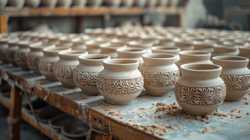 Row of Unfinished Pottery Pieces Stock Image - Image of studio ...
