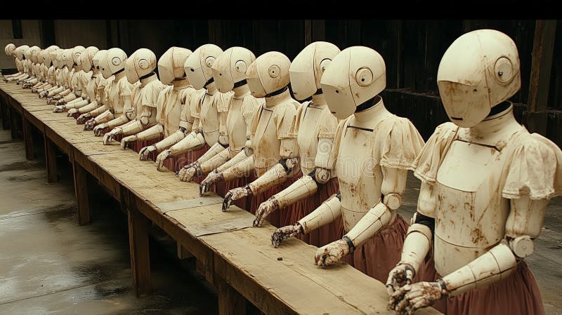Row of Uniform Robots Seated at a Long Wooden Table Stock Photo - Image ...