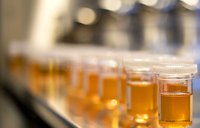 Row of Urine Samples Set for Analysis on a Lab Bench. Medical ...
