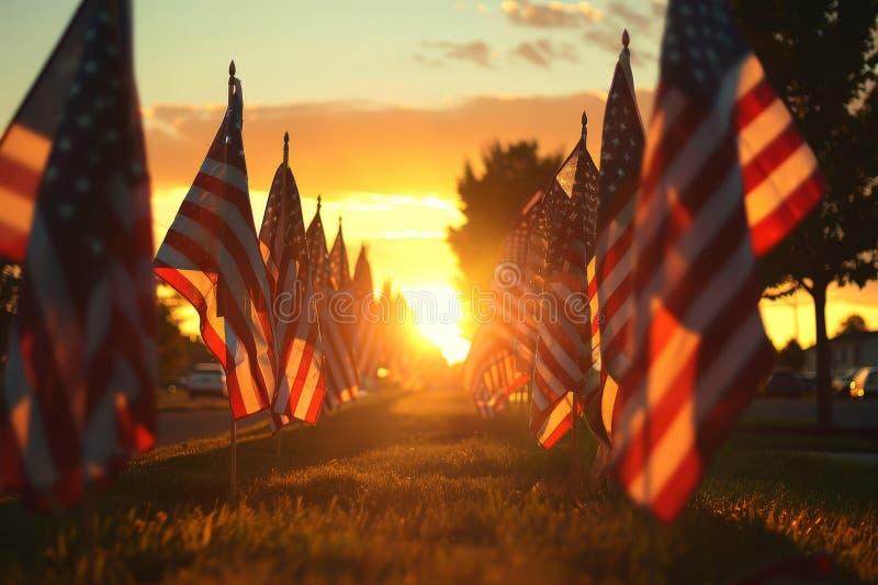 A Row of USA Flags Standing in Remembrance on Memorial Day in the Unit ...