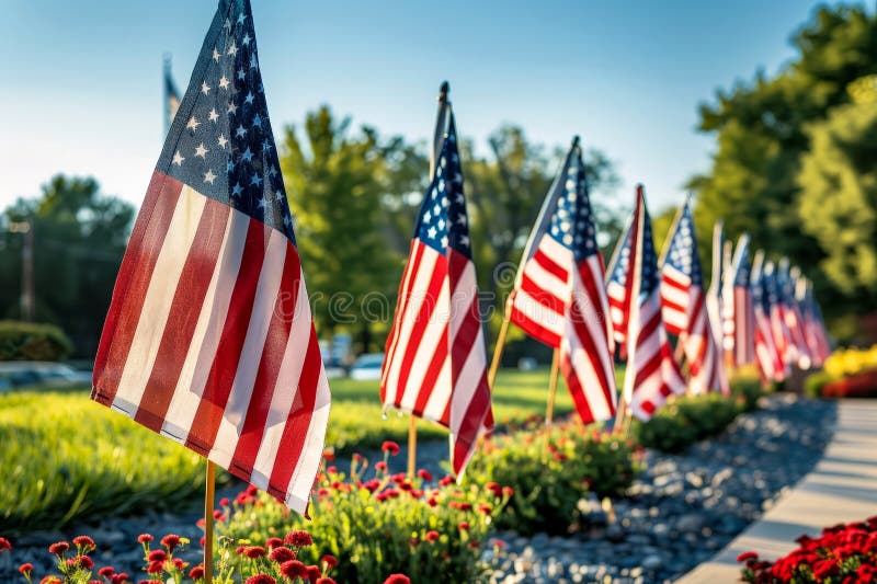 A Row of USA Flags Standing in Remembrance on Memorial Day in the Unit ...