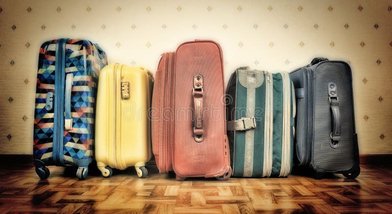 Used Suitcases Near the Wall Stock Photo - Image of interior, stack ...