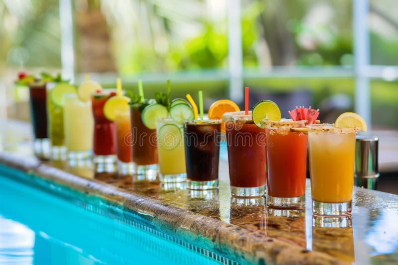 Row of Varied Cocktails on a Pool Bar Counter Stock Photo - Image of ...