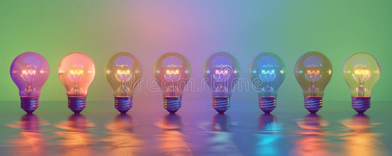 Row of Various Colored Glowing Light Bulbs, Creative Energy Concept ...