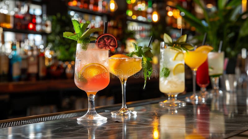 A Row of Various Drinks on a Bar Counter Stock Illustration ...