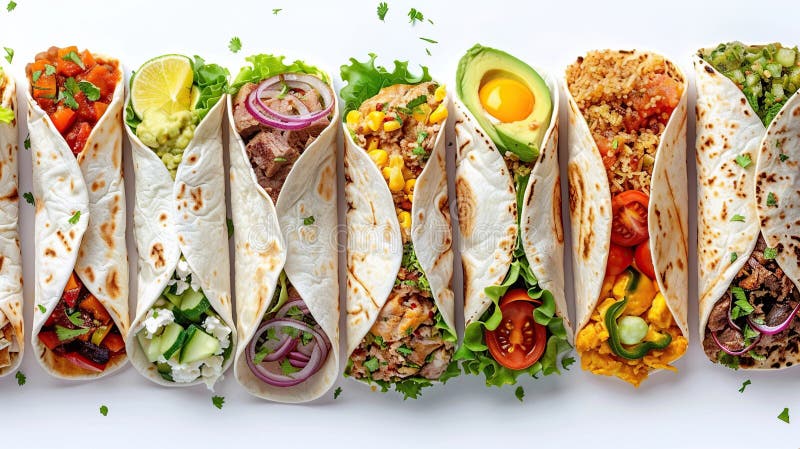 A Row of Various Types of Tacos Laid Out on a White Background Stock ...