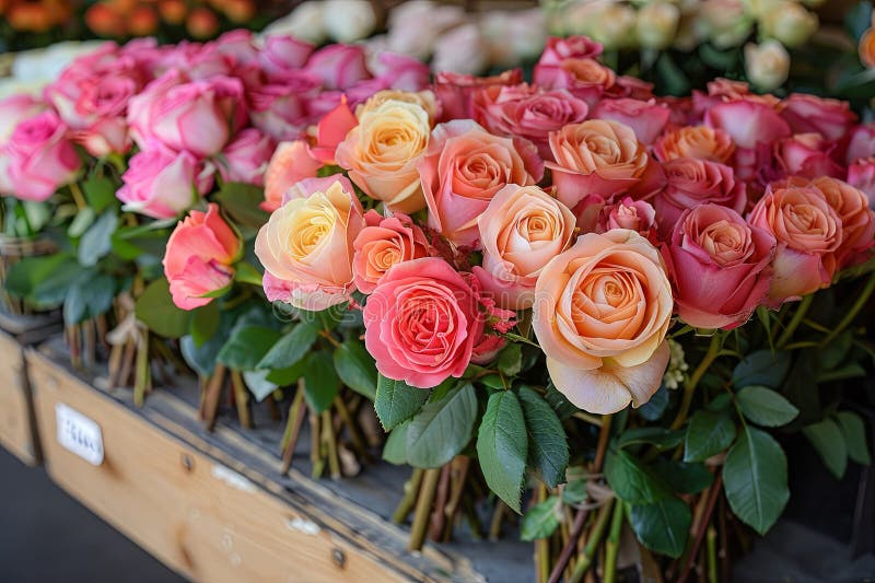 Row of Vase with Different Colored Roses in the Shop Stock Illustration ...