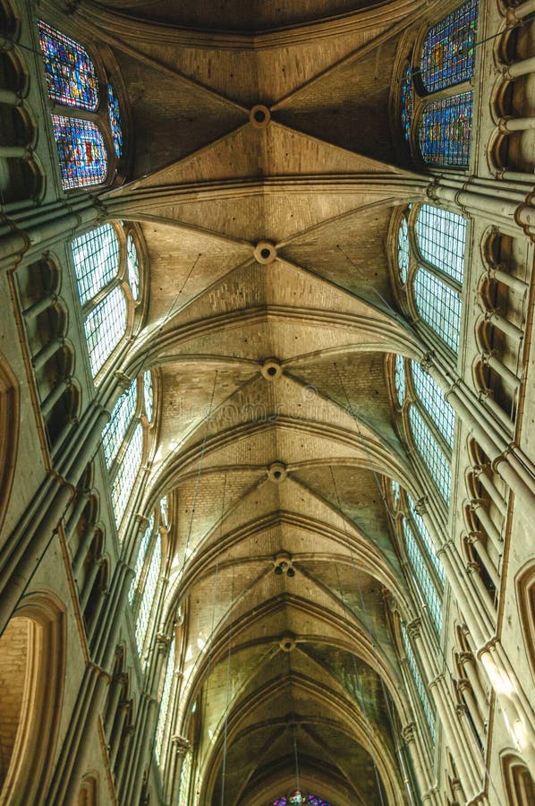 Row of Vaulted, Arched Ceilings with Two Rows of Stained Glass Windows ...