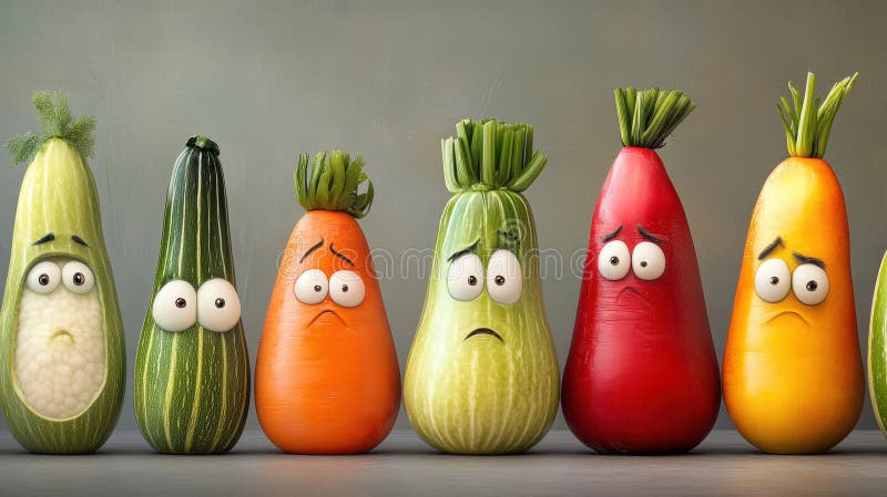 A Row of Vegetables with Faces and Eyes Drawn on Them, AI Stock Image - Image of material, fruit ...
