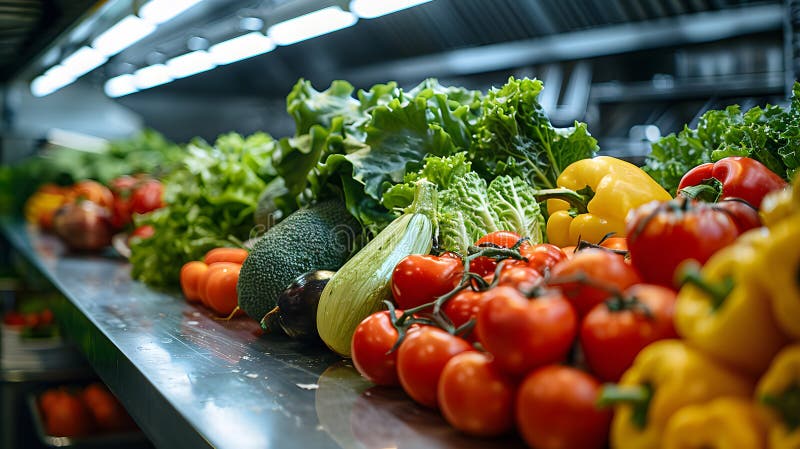 Row of Vegetables on Metal Counter. Generative AI Stock Illustration ...