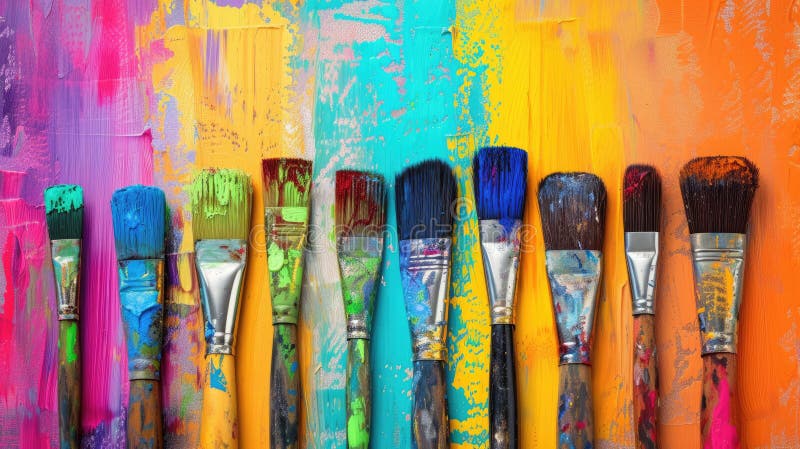 Row of Vibrant Paint Brushes Arranged on an Abstract Background ...