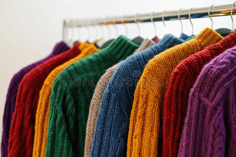 Row of Vibrant Sweaters Displayed on a Clothing Rack for Display or ...