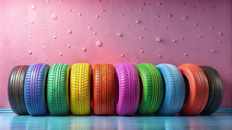 A Row of Vibrantly Colored Tires Against a Textured Pink Wall ...
