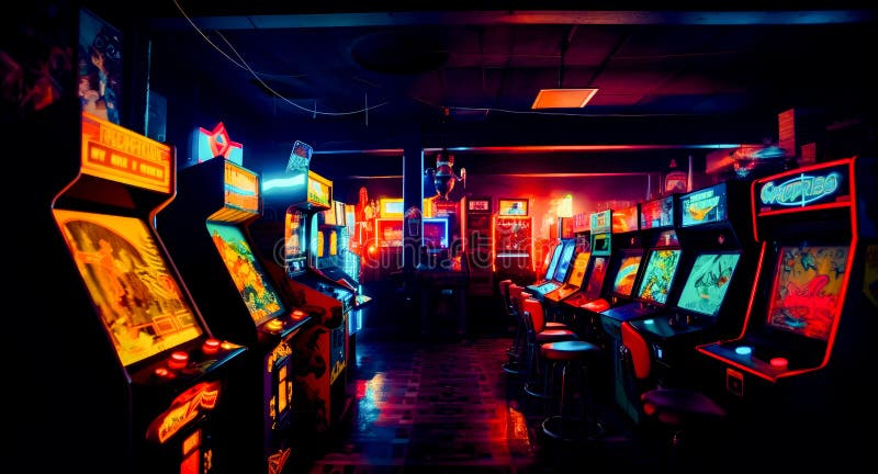 Row of Video Game Machines in Room with Checkered Floor. Generative AI ...