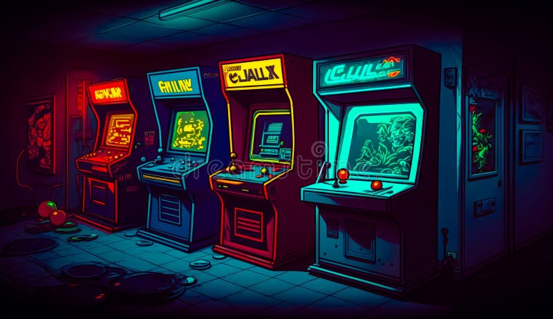 Row of Video Game Machines in Room Filled with Neon Colored Lights ...