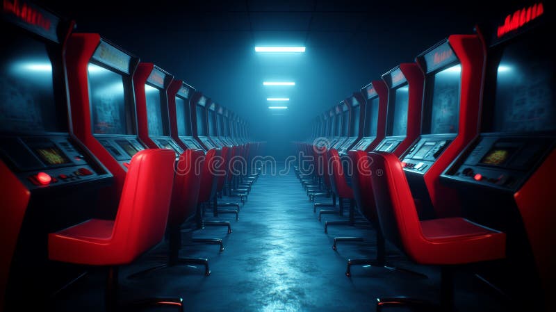 Row of Vintage Arcade Game Machines with Glowing Neon Lights Stock ...