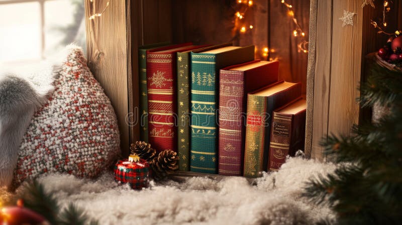 A Row of Vintage Books Adorned with Christmas Decorations Stock ...
