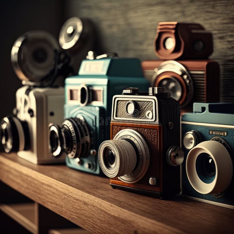 Row of Vintage Cameras Sitting on Shelf. Generative AI Stock ...