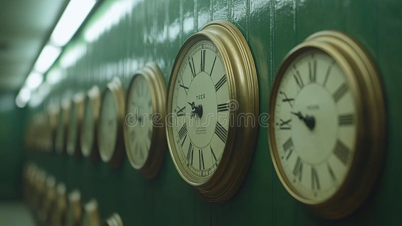 Row of Vintage Clocks on a Green Wall in a Hallway Stock Illustration ...