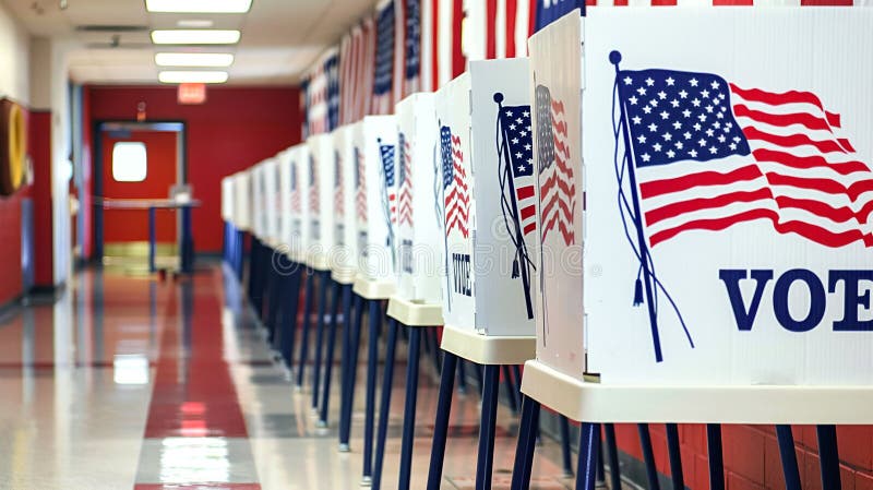 Row of Voting Cardboard Booths with US Flags at a Voting Station. USA ...