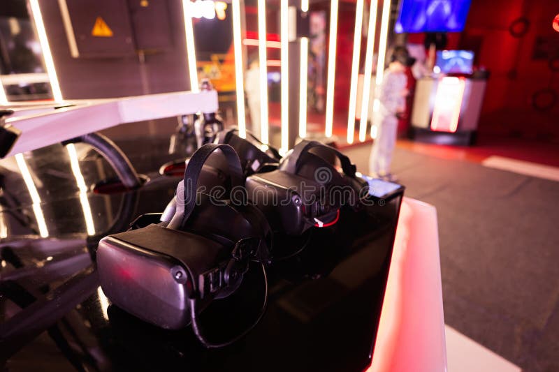 Row of VR Glasses in Play Zone Room Stock Photo - Image of equipment ...