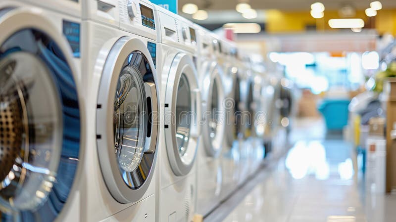 Row of Washing Machines on Display in Appliance Store Stock Image ...