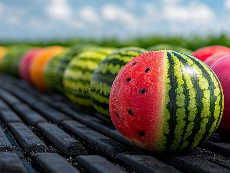 A Row of Watermelons Sitting on Top of a Grill Stock Photo - Image of ...