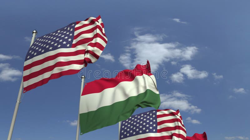 Row of Waving Flags of Hungary and the USA, 3D Rendering Stock Photo ...