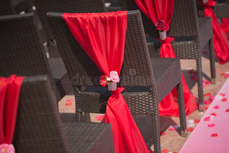 Row of Wedding Chairs Decorated with Red Roses Stock Photo - Image of ...