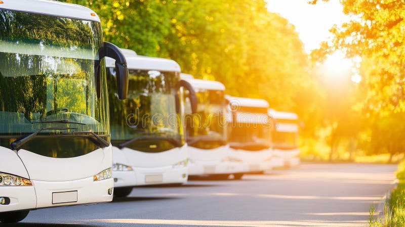 Row of White Buses Parked on Sunny Tree Lined Road in Summer Stock ...