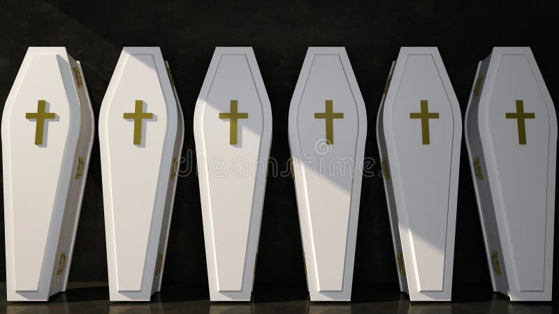 Row of white coffins stand stock illustration. Illustration of ...